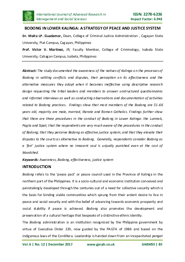(PDF) BODONG IN LOWER KALINGA: A STRATEGY OF PEACE AND JUSTICE SYSTEM
