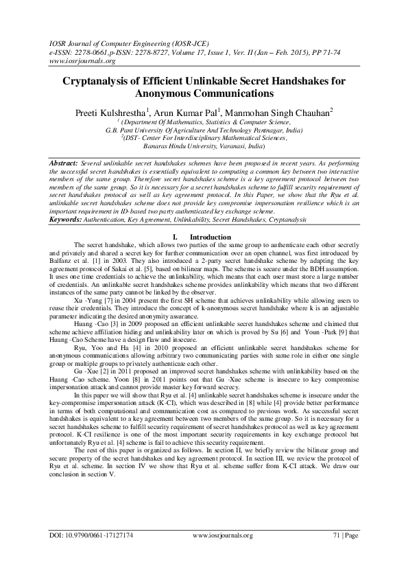 (PDF) Cryptanalysis of Efficient Unlinkable Secret Handshakes for Anonymous Communications ...