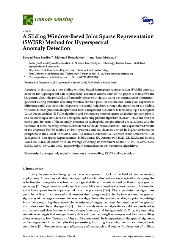 Pdf A Sliding Window Based Joint Sparse Representation Swjsr Method For Hyperspectral