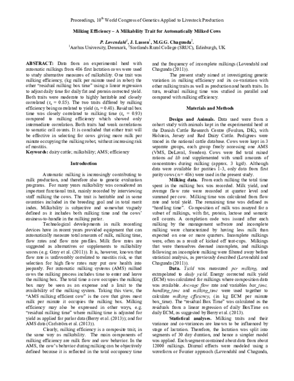(PDF) Milking Efficiency A Milkability Trait for Automatically Milked Cows | Mizeck Chagunda ...