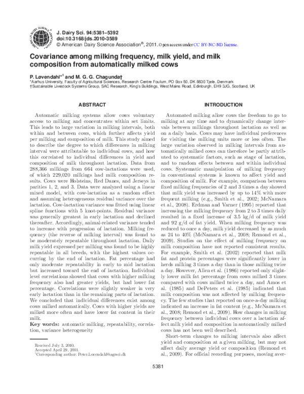 (PDF) Covariance among milking frequency, milk yield, and milk composition from automatically ...