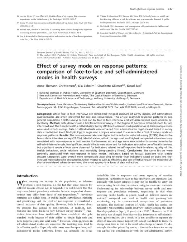 (PDF) Effect of survey mode on response patterns: comparison of face-to-face and self ...