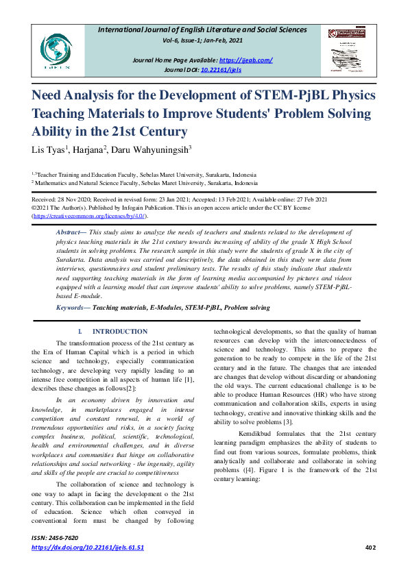 (PDF) Need Analysis for the Development of STEM-PjBL Physics Teaching Materials to Improve ...