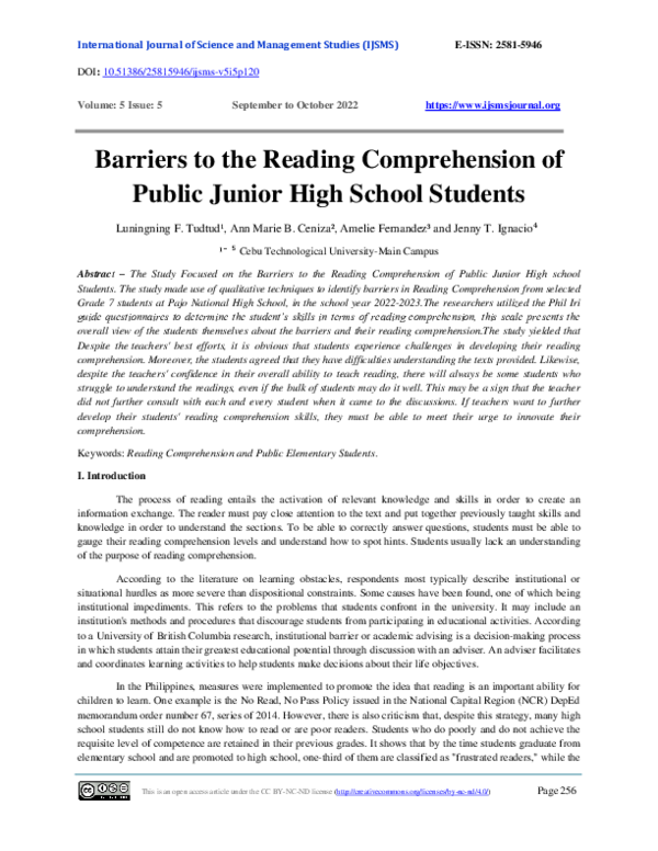 (PDF) Barriers to the Reading Comprehension of Public Junior High ...