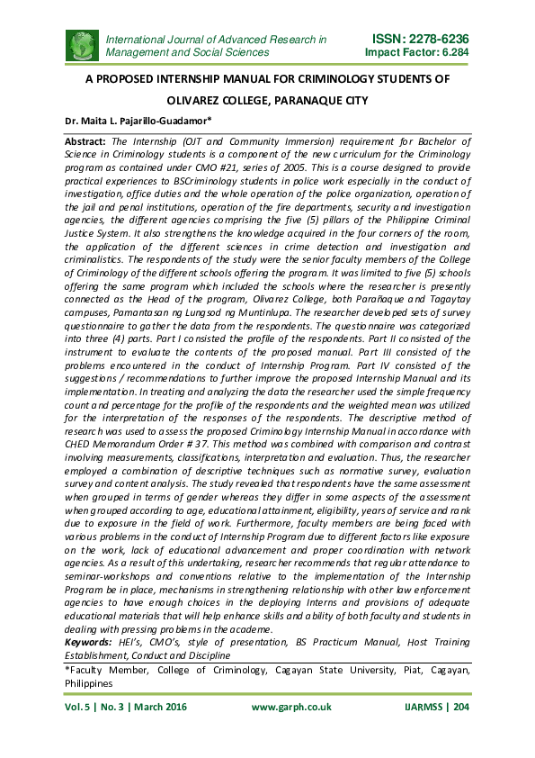 (PDF) A Proposed Internship Manual for Criminology Students of Olivarez College, Paranaque City