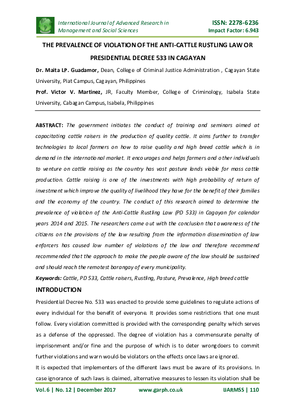 (PDF) THE PREVALENCE OF VIOLATION OF THE ANTI-CATTLE RUSTLING LAW OR ...