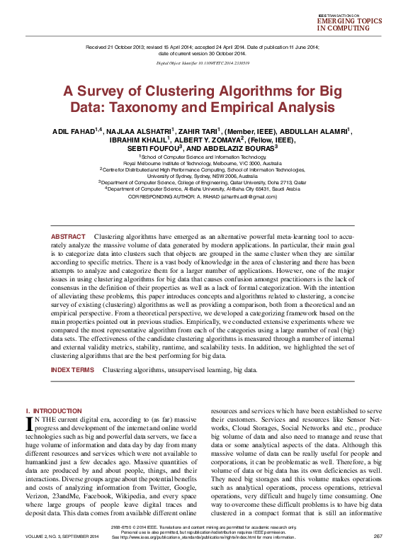 Pdf A Survey Of Clustering Algorithms For Big Data Taxonomy And Empirical Analysis 