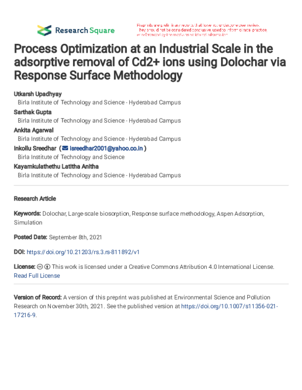 (PDF) Process Optimization at an Industrial Scale in the adsorptive removal of Cd2+ ions using ...