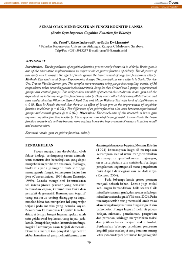 (PDF) SENAM OTAK MENINGKATKAN FUNGSI KOGNITIF LANSIA (Brain Gym Improves Cognitive Function for ...