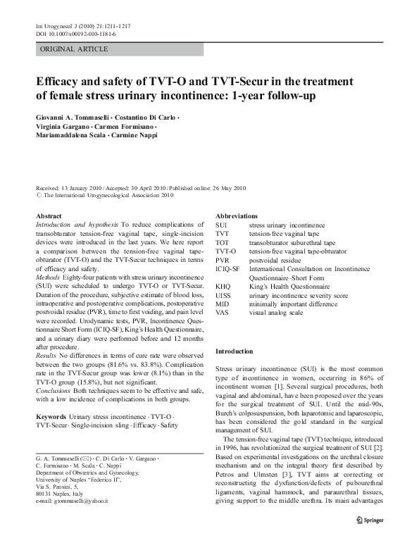 (PDF) Efficacy and safety of TVT-O and TVT-Secur in the treatment of ...