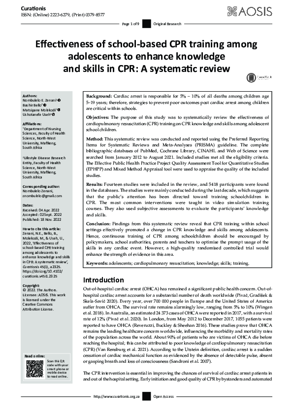 (PDF) Effectiveness of school-based CPR training among adolescents to ...