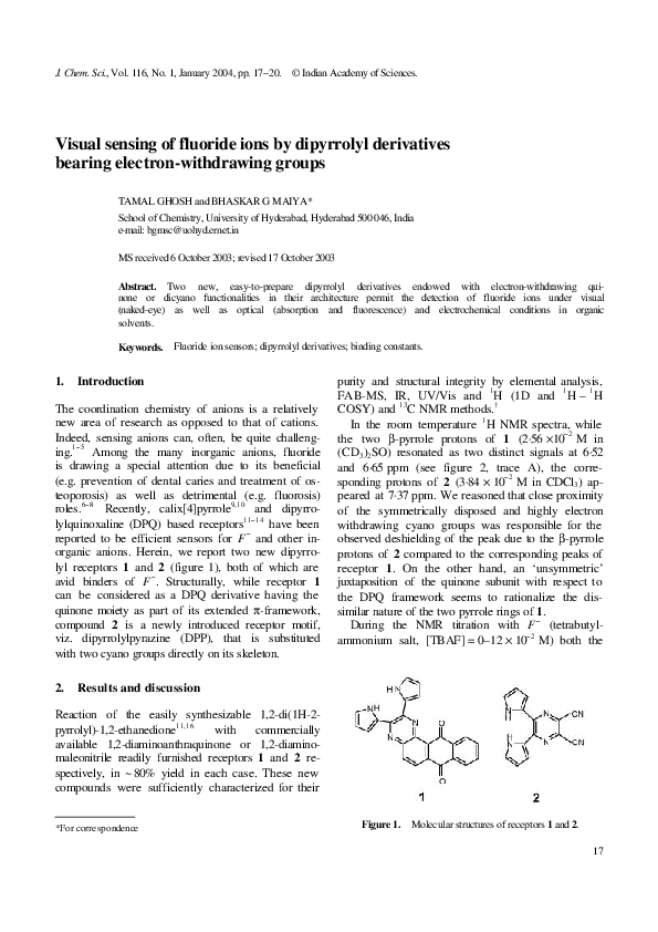 (PDF) Visual sensing of fluoride ions by dipyrrolyl derivatives bearing ...