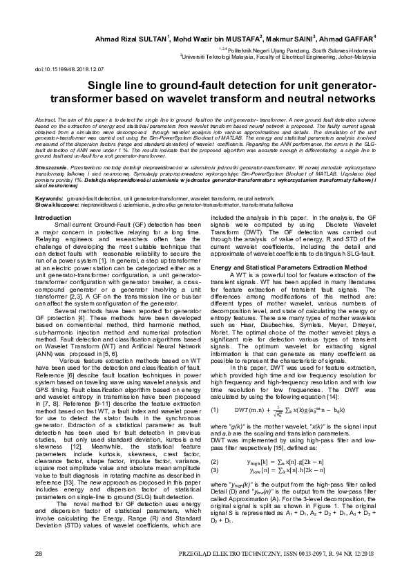 Pdf Single Line To Ground Fault Detection For Unit Generator Transformer Based On Wavelet
