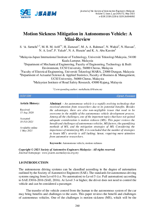(PDF) Motion Sickness Mitigation in Autonomous Vehicle: A Mini-Review