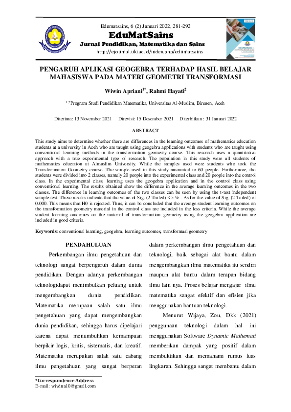 (PDF) Pengaruh Aplikasi Geogebra Terhadap Hasil Belajar Mahasiswa Pada Materi Geometri Transformasi
