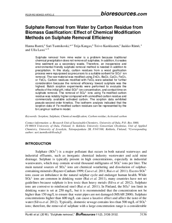(PDF) Sulphate Removal from Water by Carbon Residue from Biomass Gasification: Effect of ...