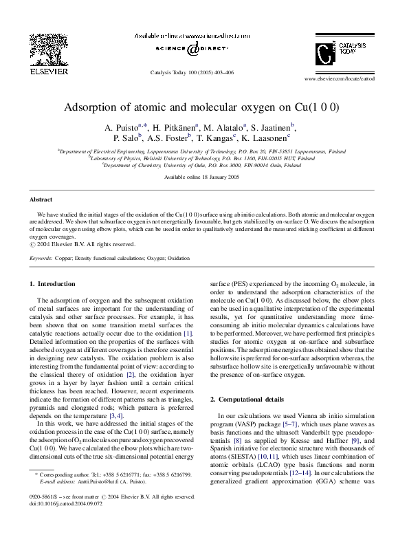 (PDF) Adsorption of atomic and molecular oxygen on Cu(100)