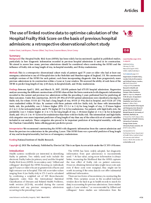 Pdf The Use Of Linked Routine Data To Optimise Calculation Of The Hospital Frailty Risk Score
