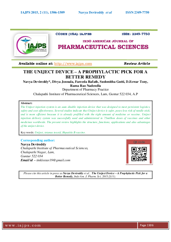 (PDF) The Uniject Device-A Prophylactic Pick for a Better Remedy