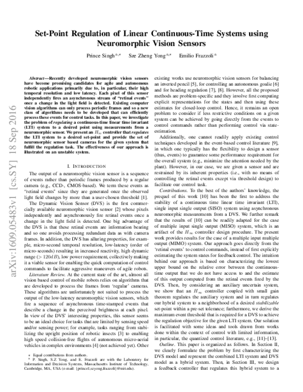(PDF) Set-Point Regulation of Linear Continuous-Time Systems using Neuromorphic Vision Sensors