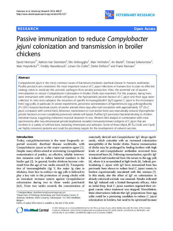 (PDF) Passive immunization to reduce Campylobacter jejuni colonization ...