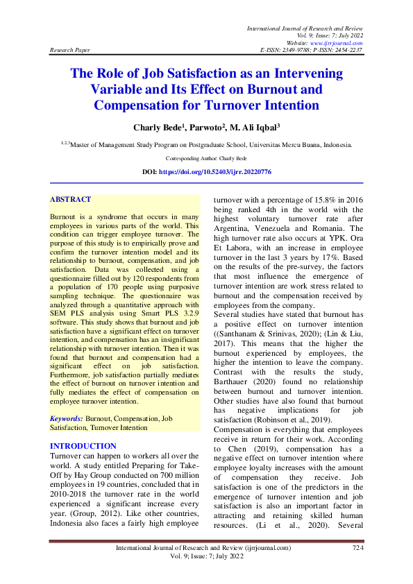 (PDF) The Role of Job Satisfaction as an Intervening Variable and Its ...