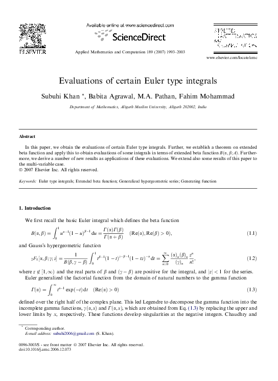 (PDF) Evaluations of certain Euler type integrals | Subuhi Khan - Academia.edu
