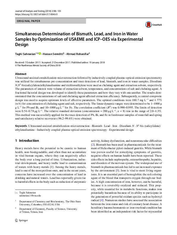 (PDF) Simultaneous Determination of Bismuth, Lead, and Iron in Water Samples by Optimization of ...