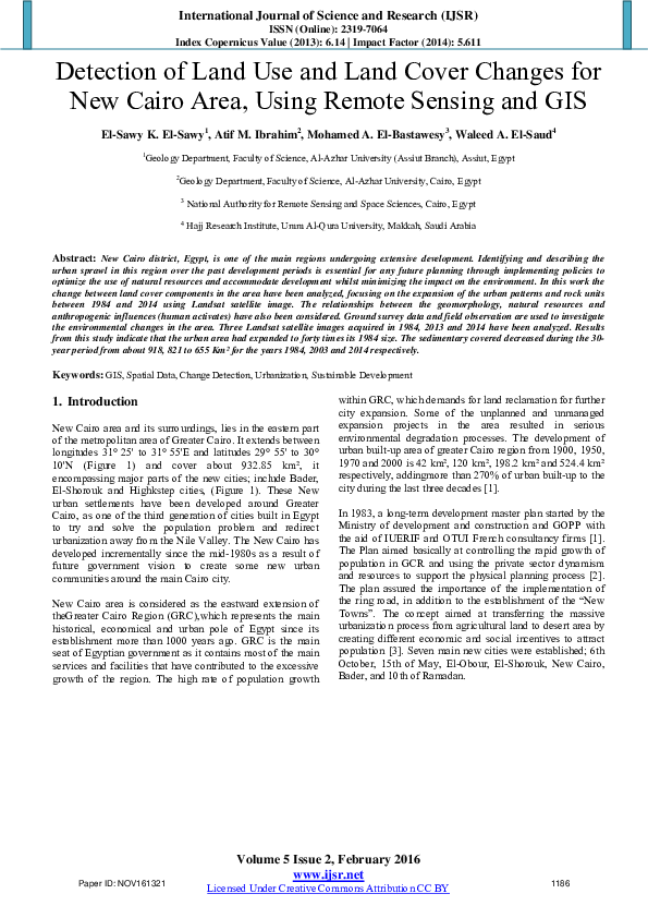 (PDF) Detection of Land Use and Land Cover Changes for New Cairo Area, Using Remote Sensing and GIS