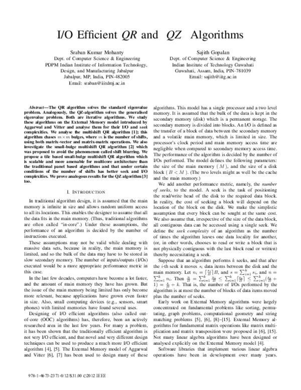 (PDF) I/O efficient QR and QZ algorithms