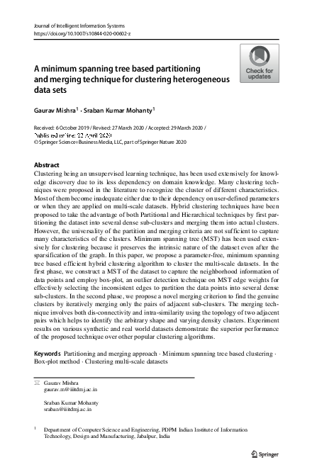 (PDF) A minimum spanning tree based partitioning and merging technique for clustering ...