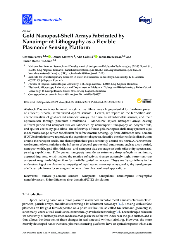(PDF) Gold Nanopost-Shell Arrays Fabricated by Nanoimprint Lithography as a Flexible Plasmonic ...