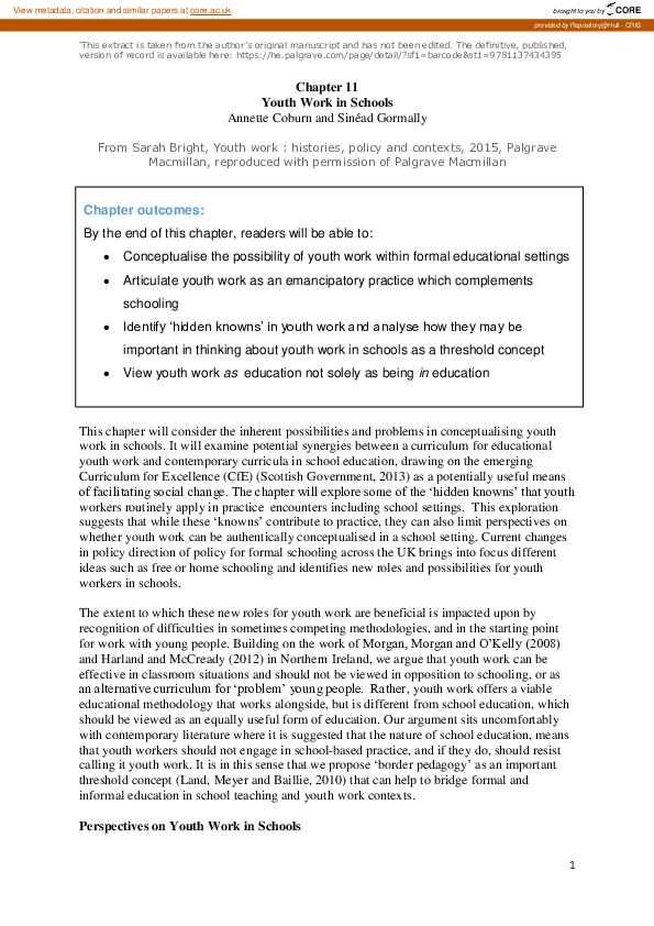(PDF) Youth Work in Schools