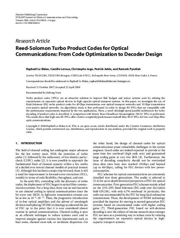 (PDF) Reed-Solomon Turbo Product Codes for Optical Communications: From Code Optimization to ...