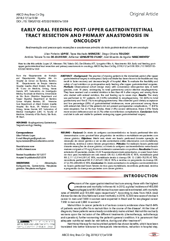 (PDF) Early Oral Feeding Post-Upper Gastrointestinal Tract Resection ...