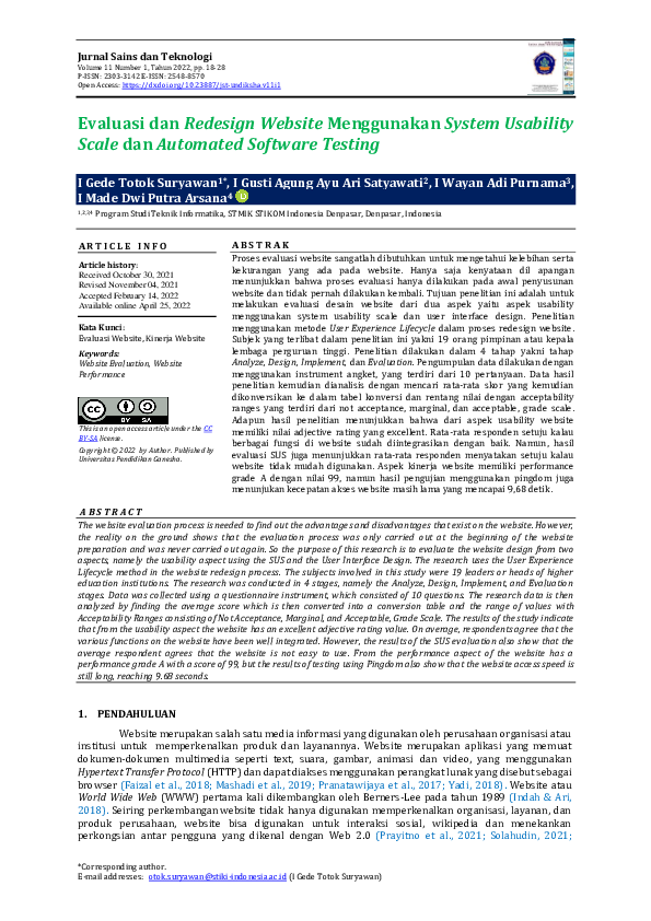 Pdf Evaluasi Dan Redesign Website Menggunakan System Usability Scale Dan Automated Software