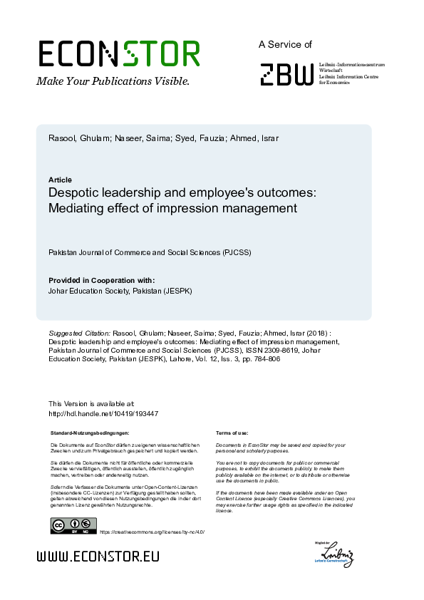 (PDF) Despotic leadership and employee's outcomes: Mediating effect of ...