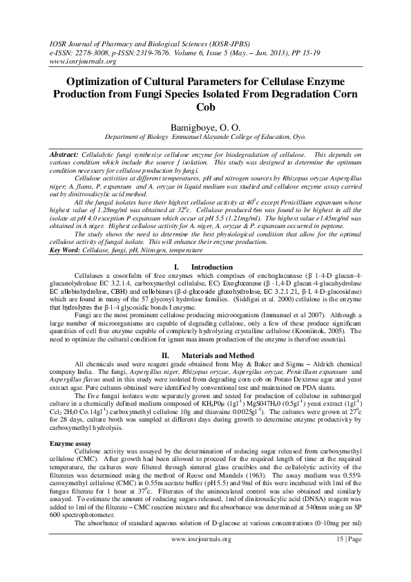 (PDF) Optimization of Cultural Parameters for Cellulase Enzyme Production from Fungi Species ...