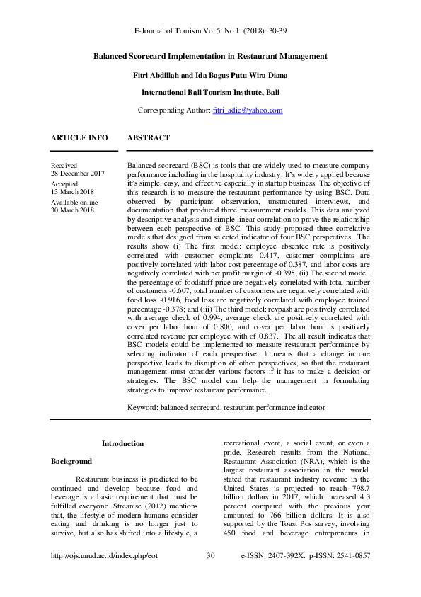 (PDF) Balanced Scorecard Implementation in Restaurant Management