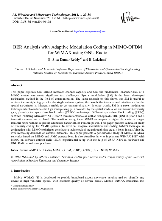 Pdf Adaptive Modulation Coding In Mimo Ofdm For Wimax Using Gnu Radio 7406
