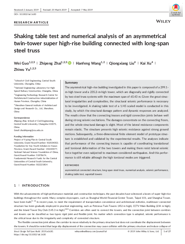 (PDF) Shaking table test and numerical analysis of an asymmetrical twin ...