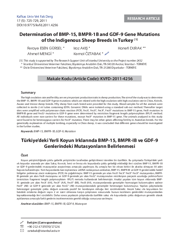 (PDF) Determination of BMP-15, BMPR-1B and GDF-9 Gene Mutations of the Indigenous Sheep Breeds ...