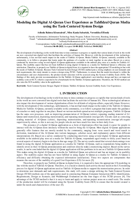 (PDF) Modeling the Digital Al-Quran User Experience as Tahfidzul Quran Media using the Task ...