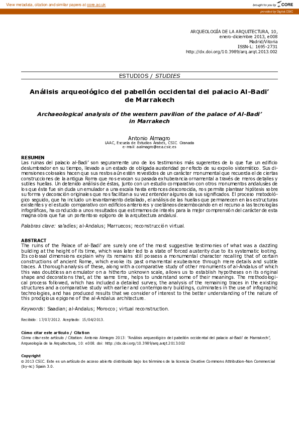 (PDF) Archaeological analysis of the western pavilion of the palace of Al-Badi' in Marrakech