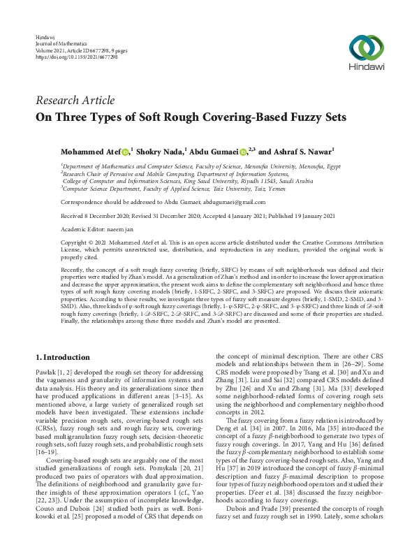(PDF) On Three Types of Soft Rough Covering-Based Fuzzy Sets