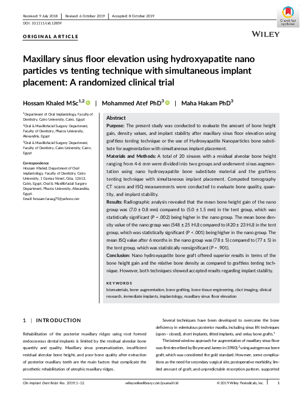 (PDF) Maxillary sinus floor elevation using hydroxyapatite nano particles vs tenting technique ...