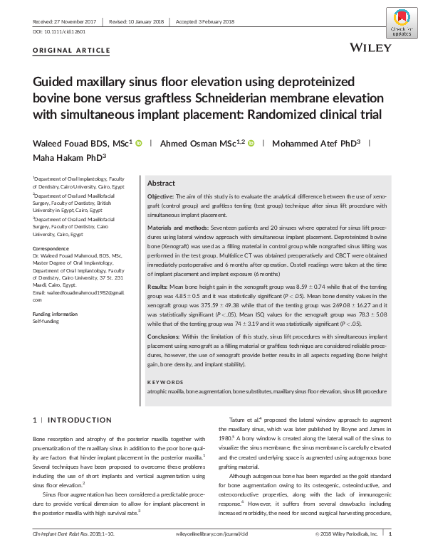 (PDF) Guided maxillary sinus floor elevation using deproteinized bovine bone versus graftless ...
