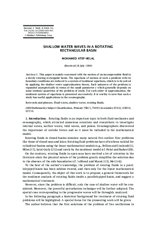 (PDF) Shallow water waves in a rotating rectangular basin | Mohammed ...