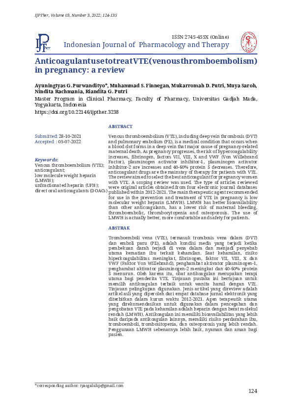 (PDF) Anticoagulant use to treat VTE (venous thromboembolism) in pregnancy: a review