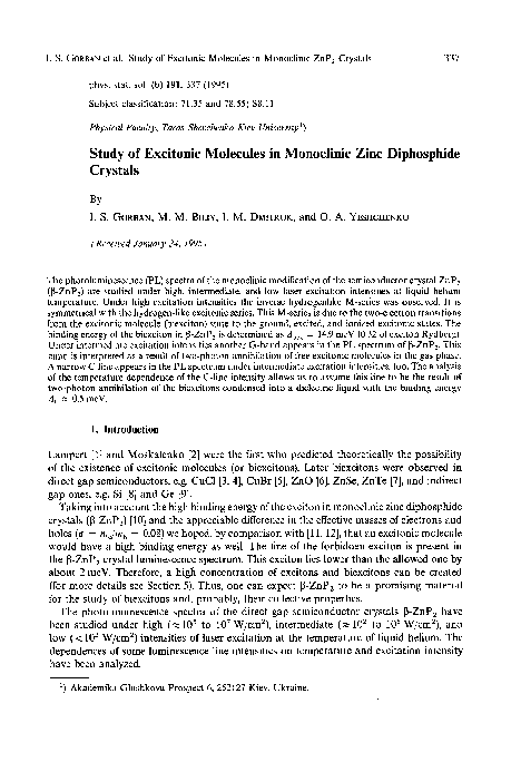 (PDF) Study of Excitonic Molecules in Monoclinic Zinc Diphosphide Crystals